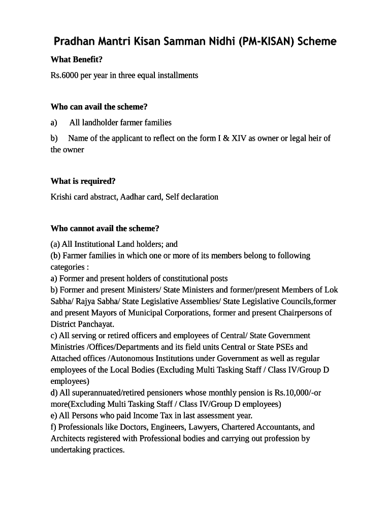 Fillable Online Pradhan Mantri Kisan Samman Nidhi (PM-KISAN) Scheme Fax ...