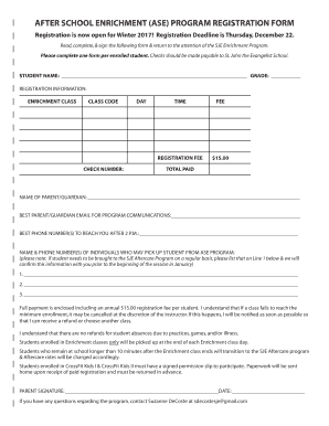 Fillable Online after school enrichment (ase) program registration form ...