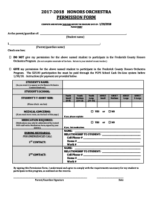 Fillable Online 2017-2018 honors orchestra permission form - Frederick ...