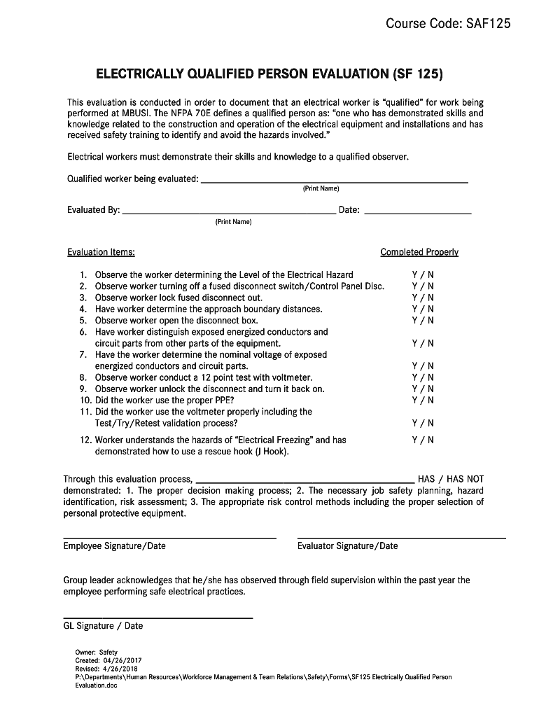 Fillable Online ELECTRICALLY QUALIFIED PERSON EVALUATION (SF 125) Fax ...