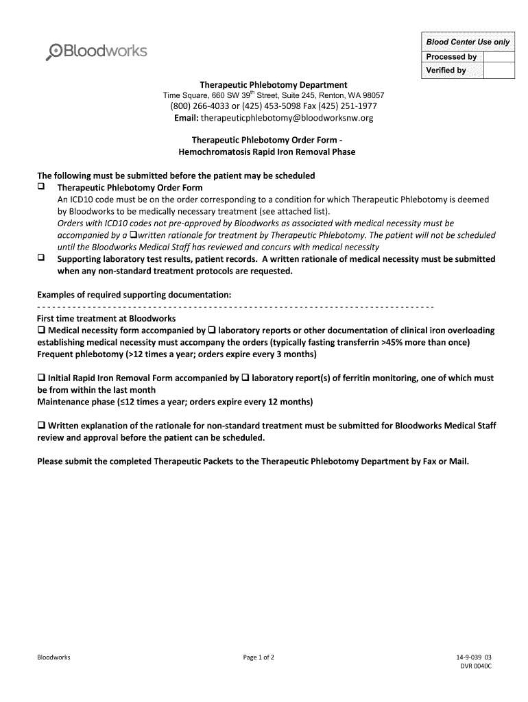 Fillable Online Therapeutic Phlebotomy Order FormHemochromatosis Rapid ...