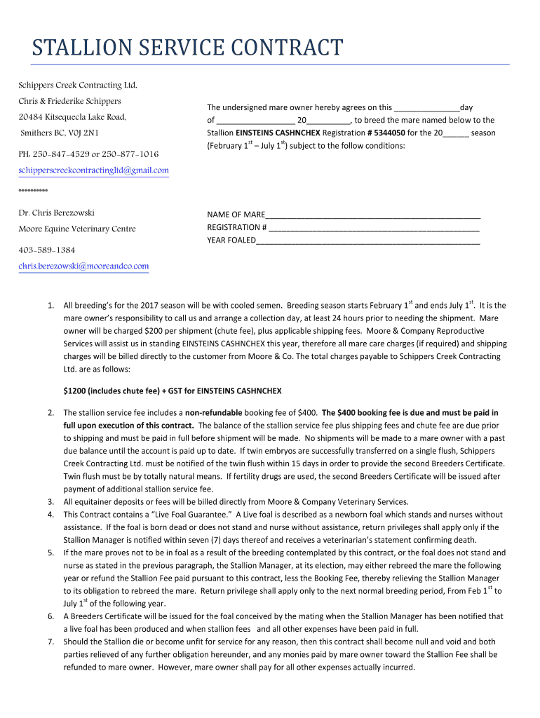 Fillable Online PDF stallion service contract - Clay Webster ...