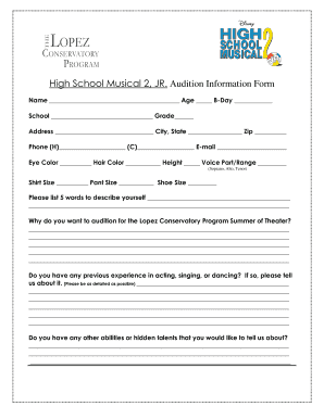 Fillable Online High School Musical JR Audition Information and ...