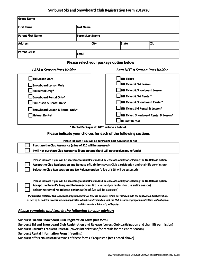 Fillable Online Sunburst Ski and Snowboard Club Registration Form 2019/ ...