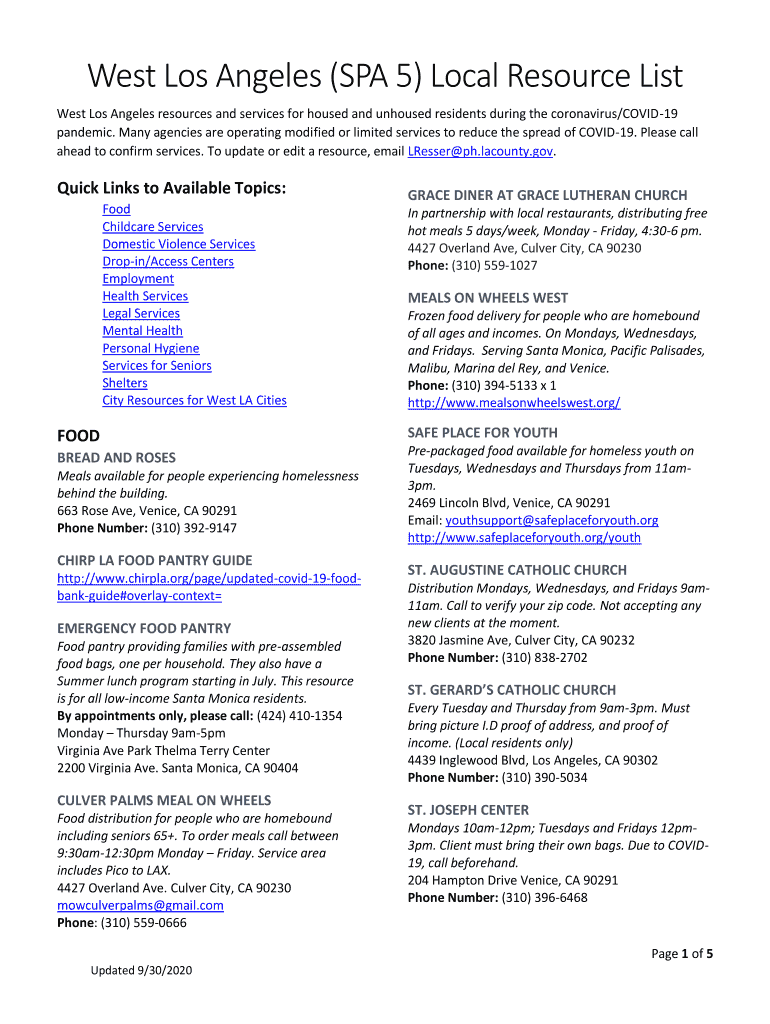 Fillable Online Service Planning Area (SPA) 5 West Los Angeles LAHSA ...