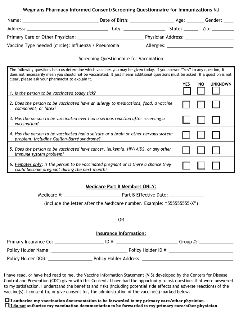 Fillable Online Wegmans Pharmacy Informed Consent/Screening ...