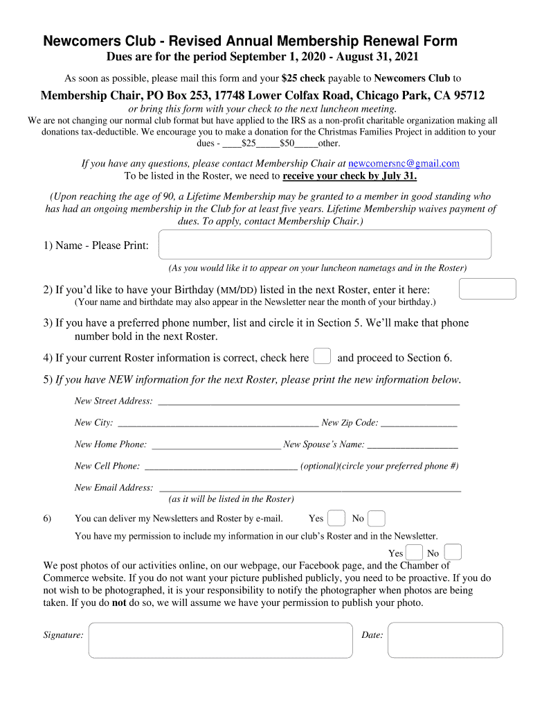 Fillable Online Newcomers Club - Revised Annual Membership Renewal Form ...