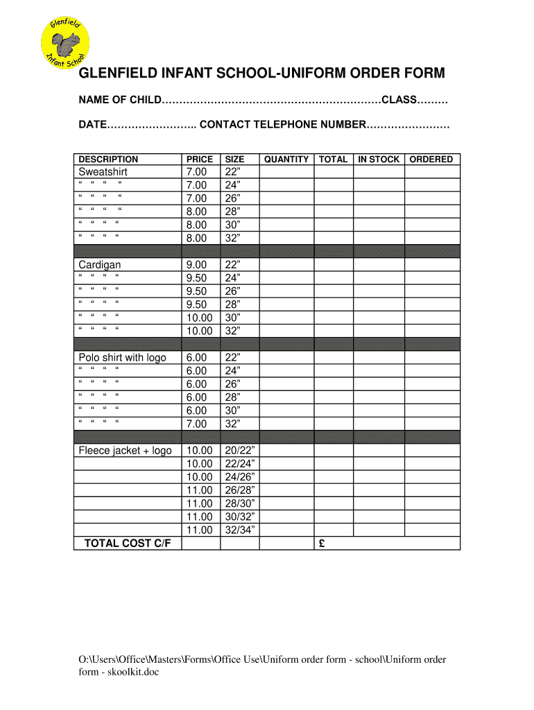 Fillable Online GLENFIELD INFANT SCHOOL-UNIFORM ORDER FORM Fax Email ...