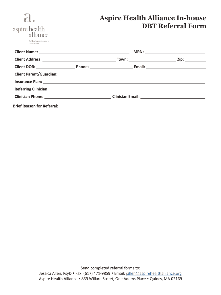 Fillable Online Aspire Health Alliance In-house DBT Referral Form Fax ...
