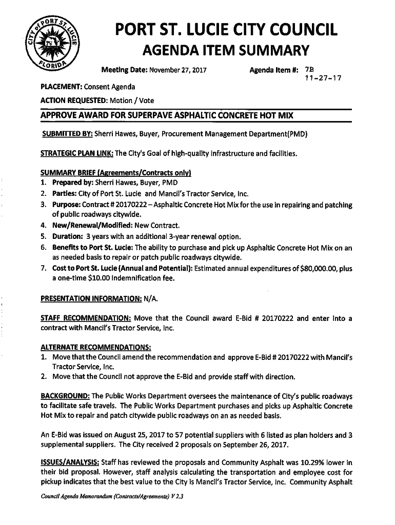 Fillable Online APPROVE AWARD FOR SUPERPAVE ASPHALTIC CONCRETE HOT MIX ...