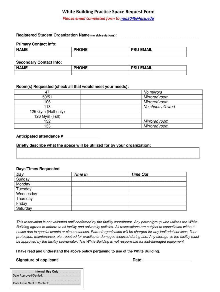 Fillable Online studentaffairs psu White Building Practice Space ...