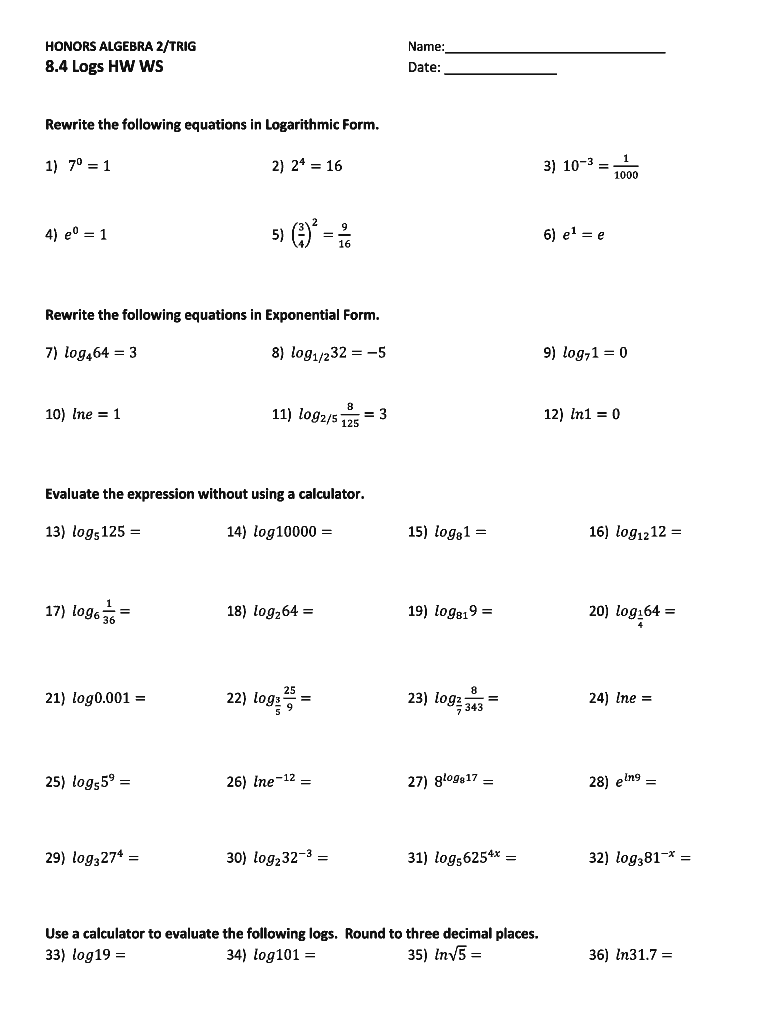 Fillable Online Worksheet: Logarithmic Function - Department of ...