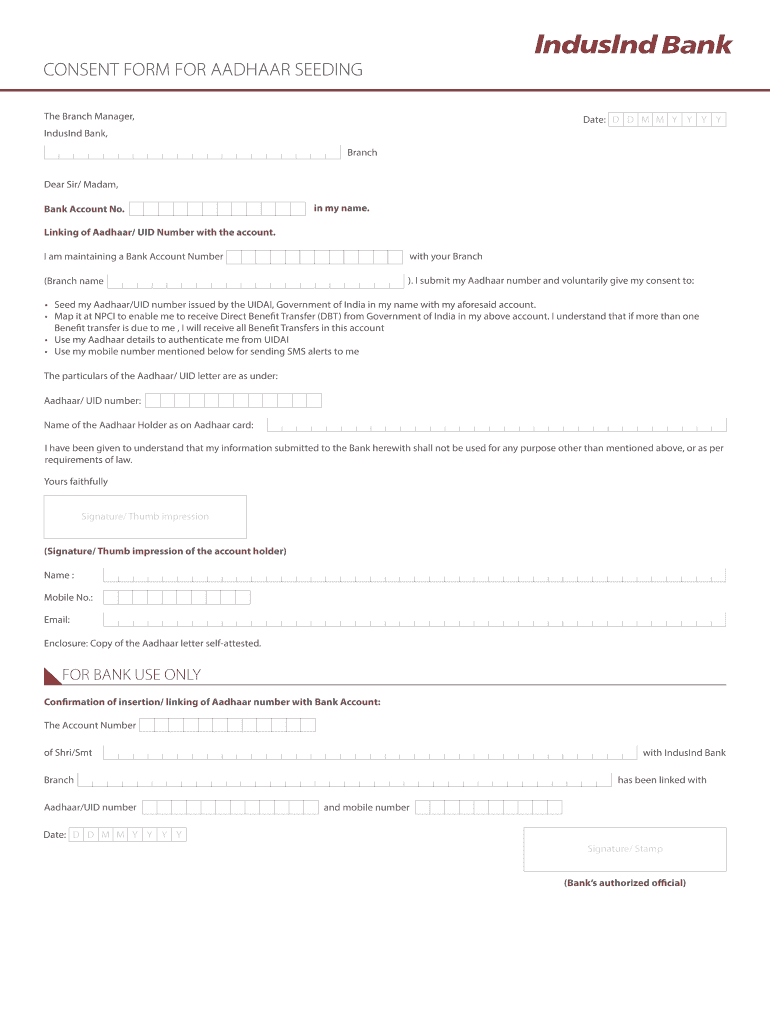 Fillable Online CONSENT FORM FOR AADHAAR SEEDING.cdr Fax Email Print - pdfFiller