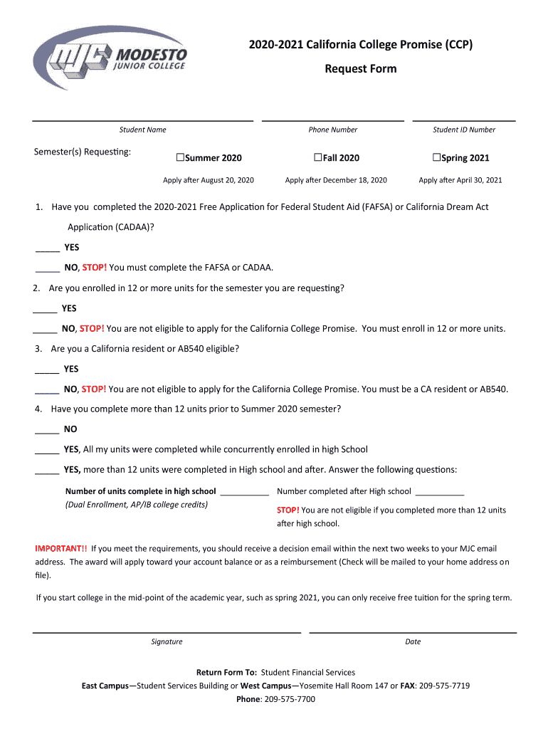 Fillable Online 2020-2021 California College Promise (CCP) Request Form ...