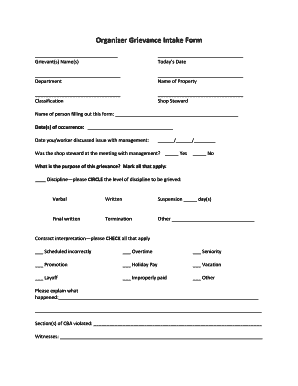 Fillable Online Organizer Grievance Intake Form - Unite Here! Local 5 ...