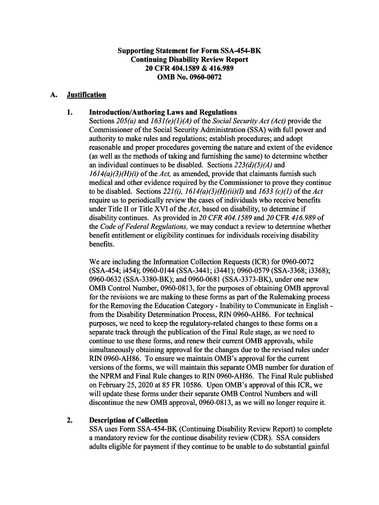 Fillable Online Supporting Statement for Form SSA-454-BK Continuing ...