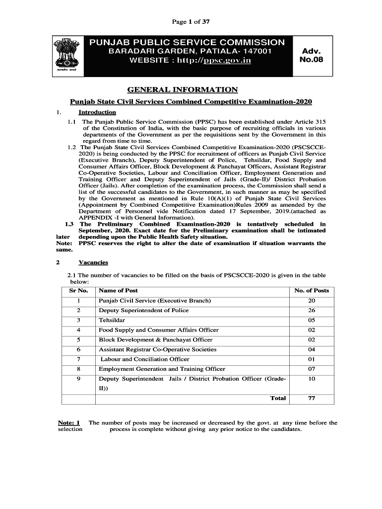 Fillable Online PPSC Recruitment for Punjab State Civil Services Combined ... Fax Email Print ...