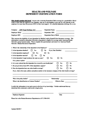 Fillable Online HEALTH AND WELFARE DEPENDENT CERTIFICATION FORM Fax ...