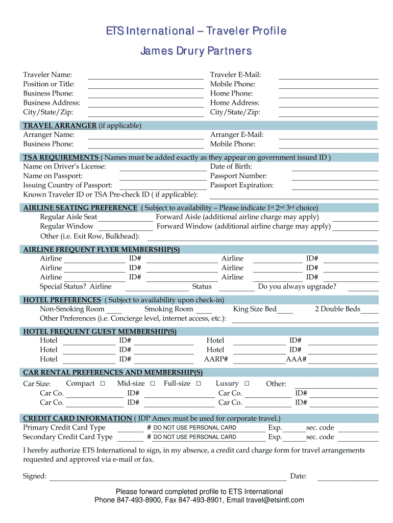Fillable Online ETS INTERNATIONAL TRAVELER PREFERENCE PROFILE Fax Email ...