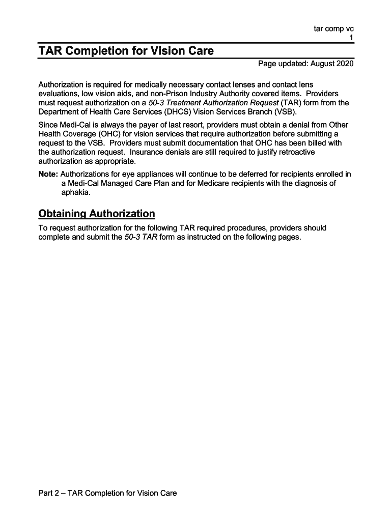 Fillable Online files medi-cal ca Vision Care Claims and TAR Form ...