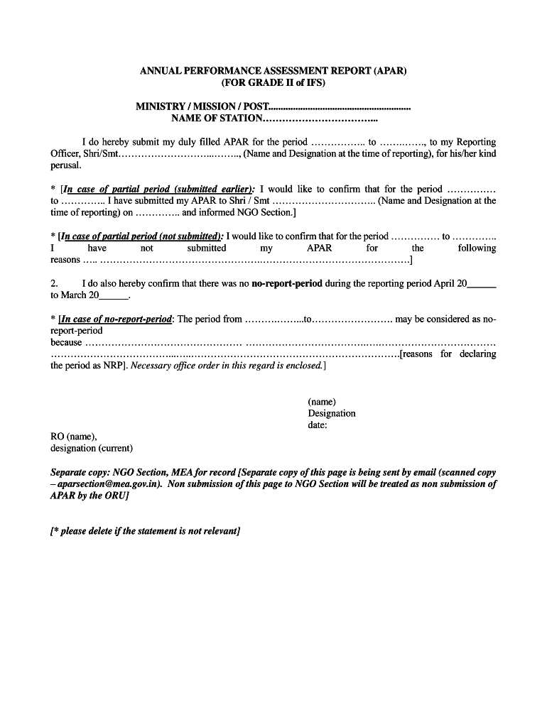 Fillable Online meaforms nic ANNUAL PERFORMANCE ASSESSMENT REPORT (APAR ...