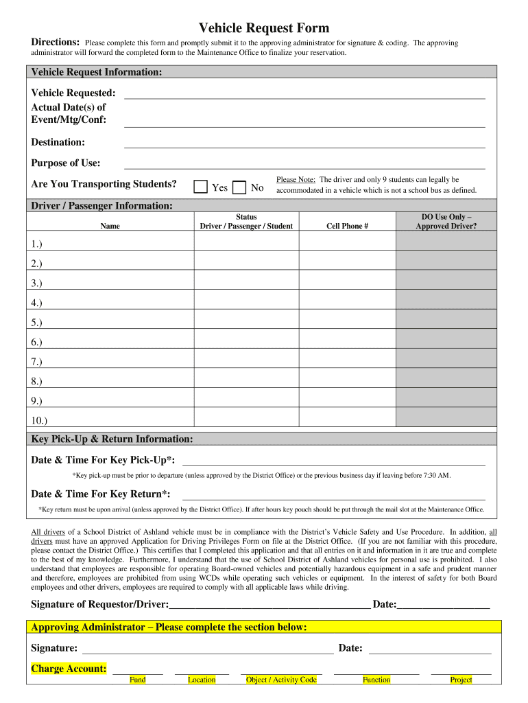 Fillable Online Vehicle Request Form - School District of Ashland Fax ...