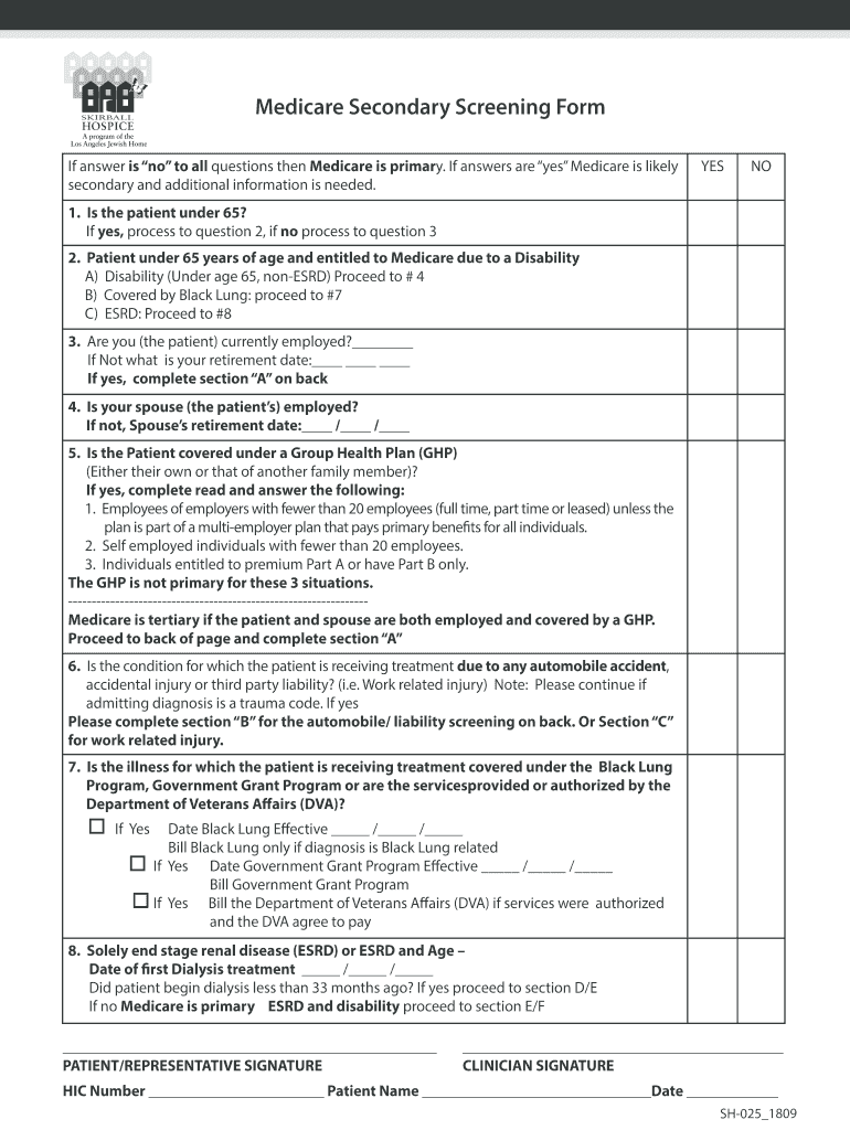 Fillable Online Medicare Secondary Screening Form - Skirball Hospice ...