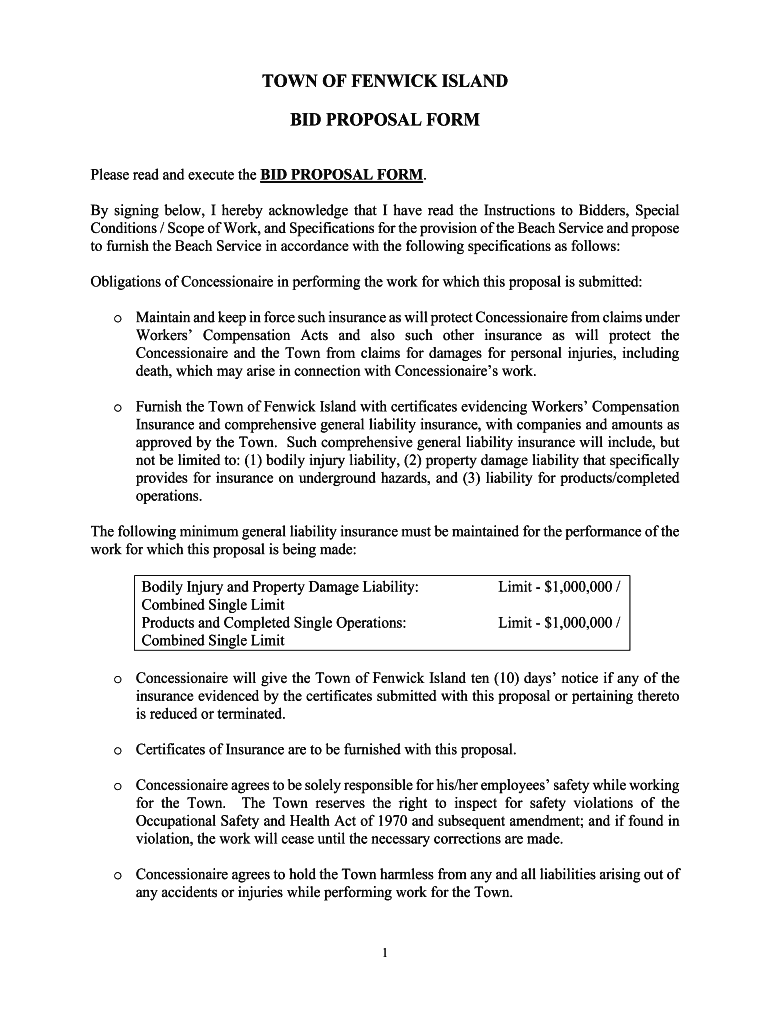 Fillable Online TOWN OF FENWICK ISLAND BID PROPOSAL FORM Fax Email ...