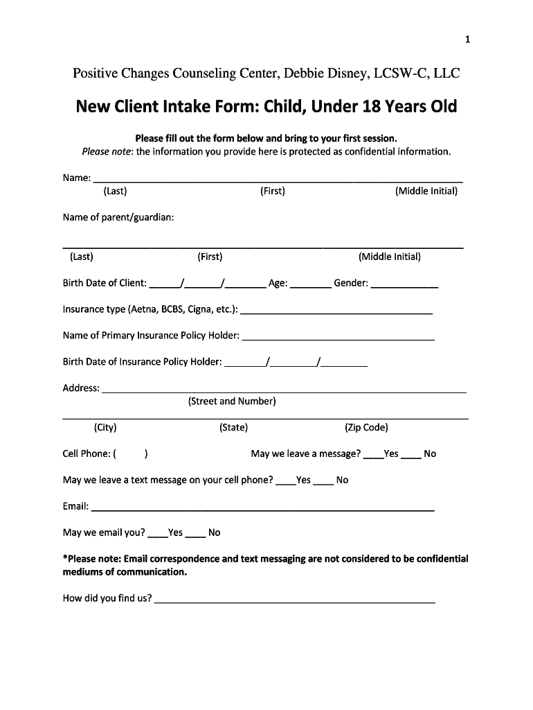 Fillable Online Positive Changes Counseling Center, Debbie Disney, LCSW ...