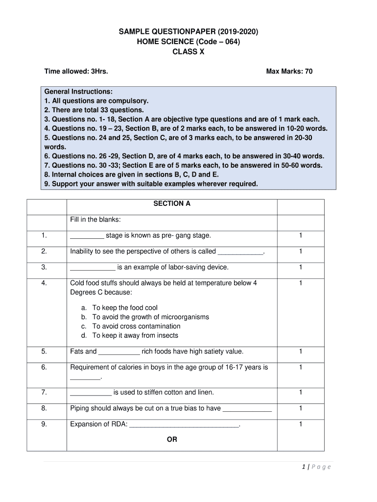 Fillable Online CBSE Class 12 Home Science Sample Paper & Marking ...