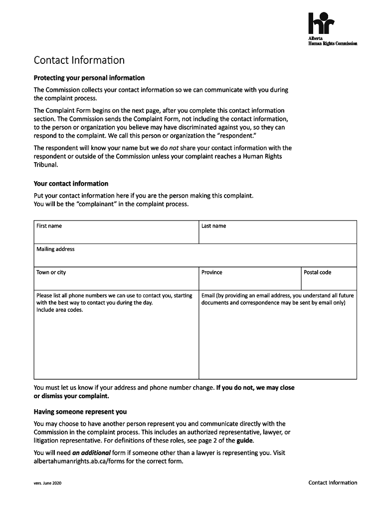 Fillable Online Complaint Form - Alberta Human Rights Commission Fax ...