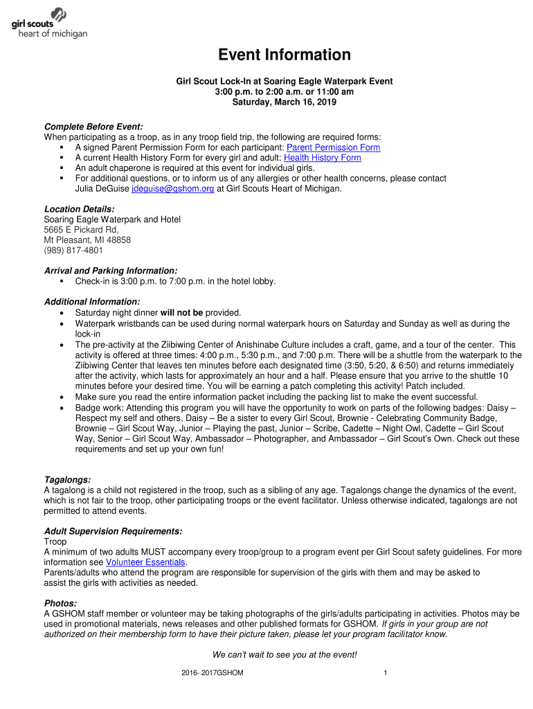 Fillable Online Girl Scout Lock-In at Soaring Eagle Waterpark Event Fax ...