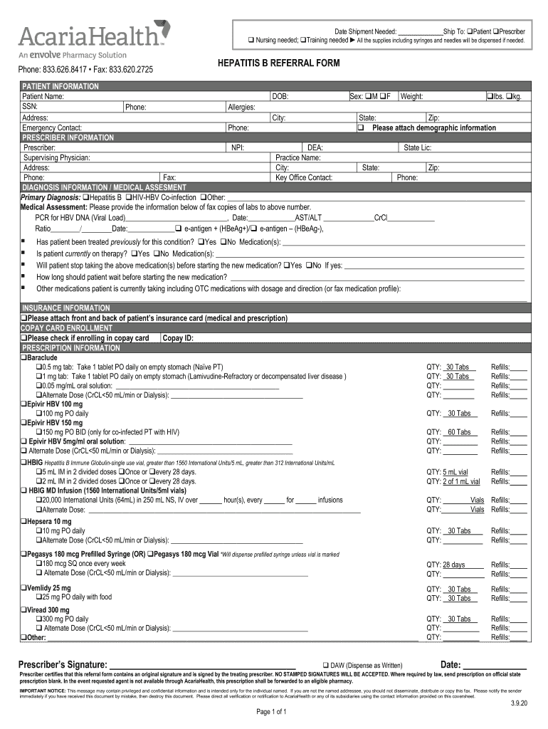 Fillable Online Acaria Health - SC - Hepatitis B Referral Form. SC ...