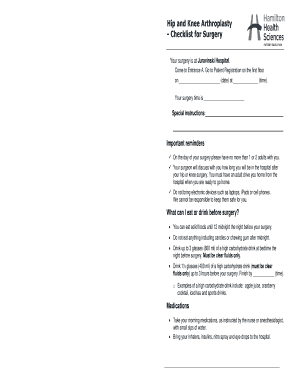 Fillable Online Checklist for surgery - hip and knee arthrosocopy Fax ...