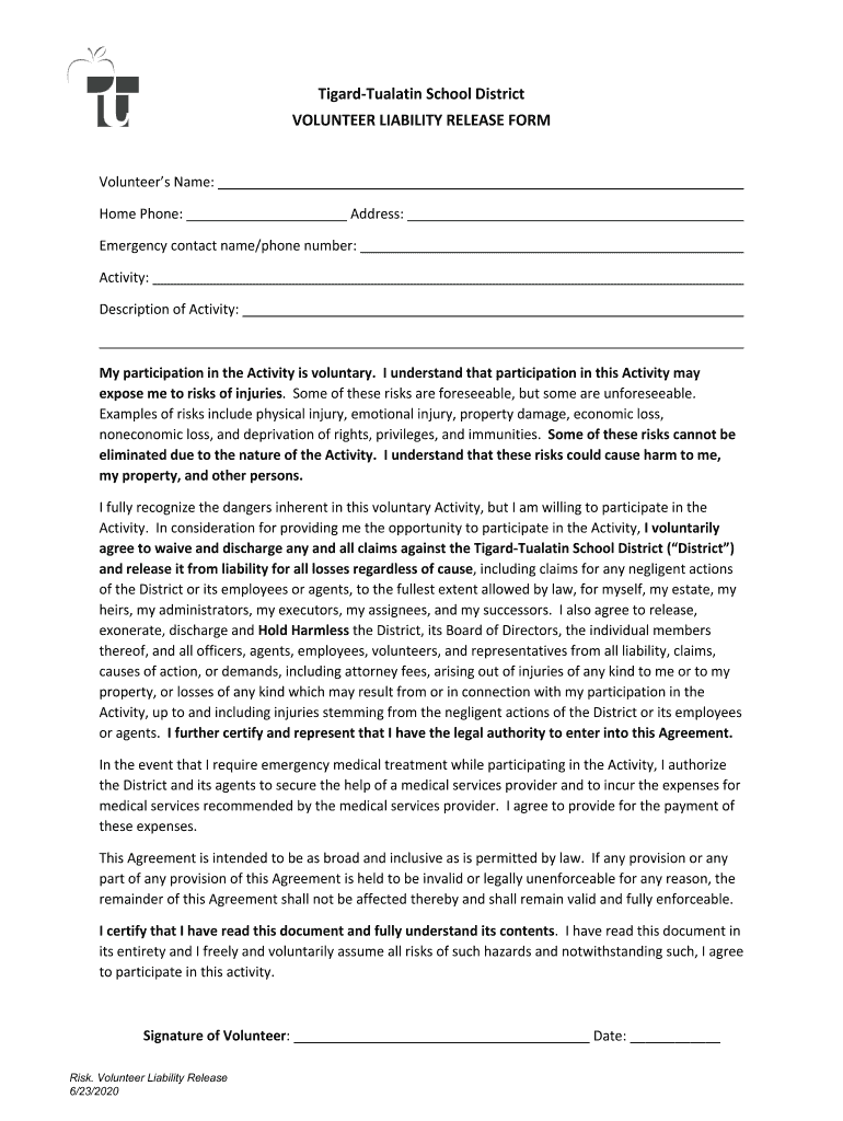 Fillable Online TTSD Volunteer Liability Release Form Fax Email Print ...