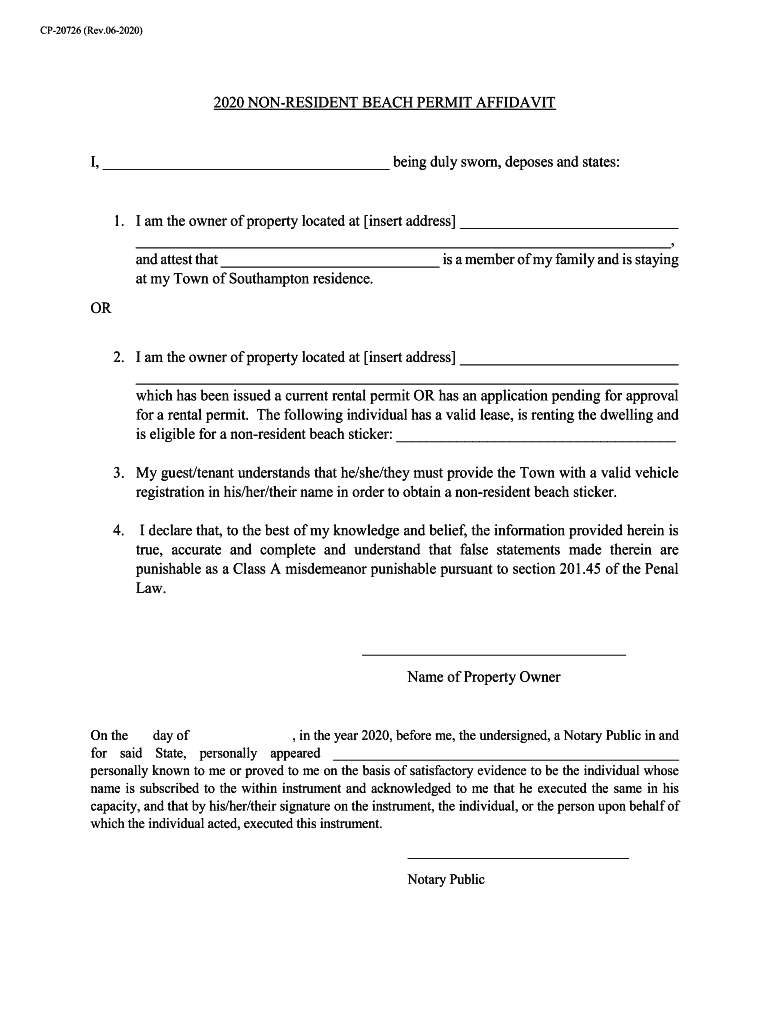 Fillable Online 2020 NON-RESIDENT BEACH PERMIT AFFIDAVIT I, being duly ...