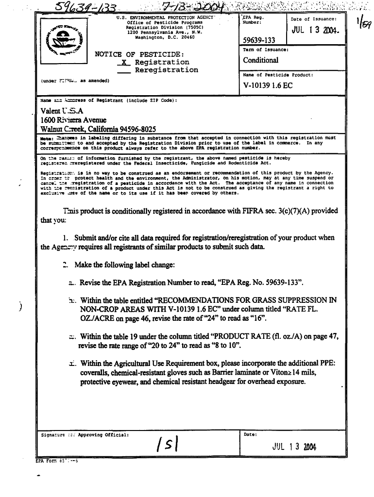 Fillable Online U.S. EPA, Pesticide Product Label, V-10139 1.6 EC ...