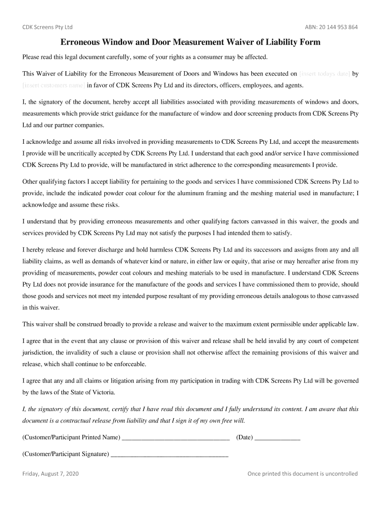 Fillable Online Erroneous measurement waiver form - CDK Screens Fax ...