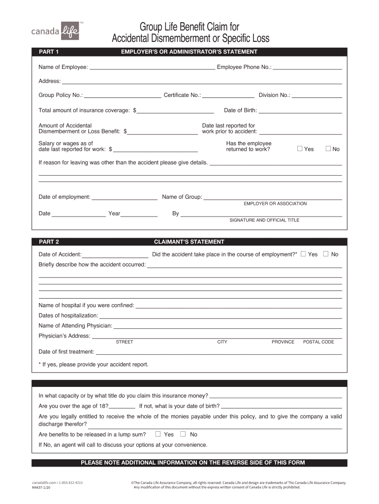 Fillable Online Group Life Benefit Claim for Accidental Dismemberment ...