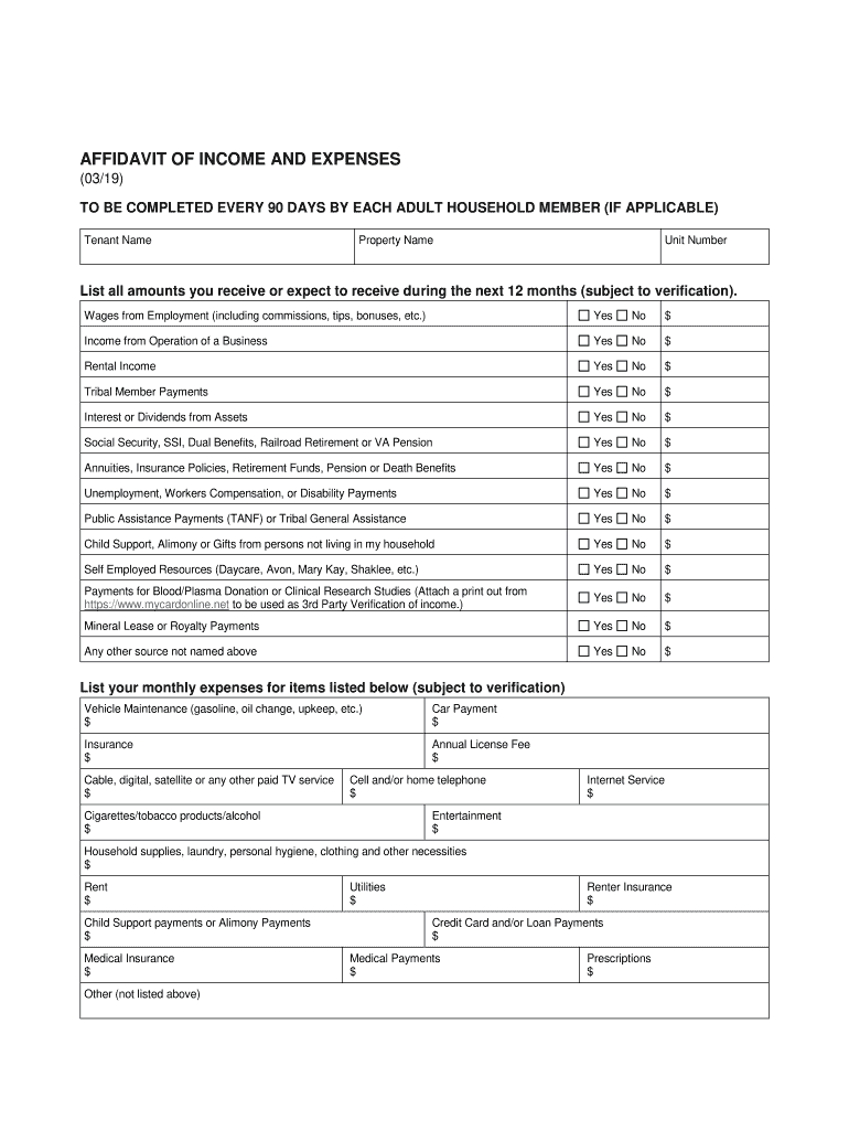 Fillable Online affidavit of income and expenses. income and expenses ...