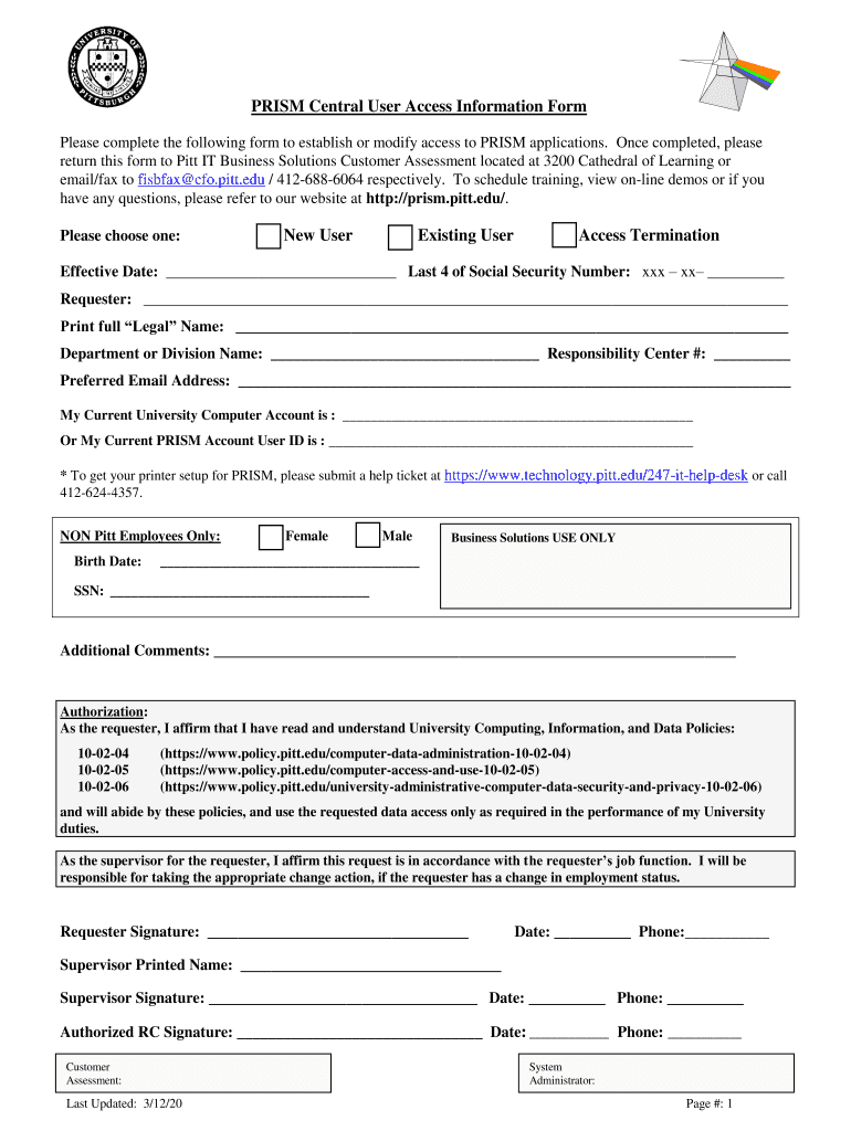 Fillable Online PRISM Central User Access Information Form Fax Email Print - pdfFiller