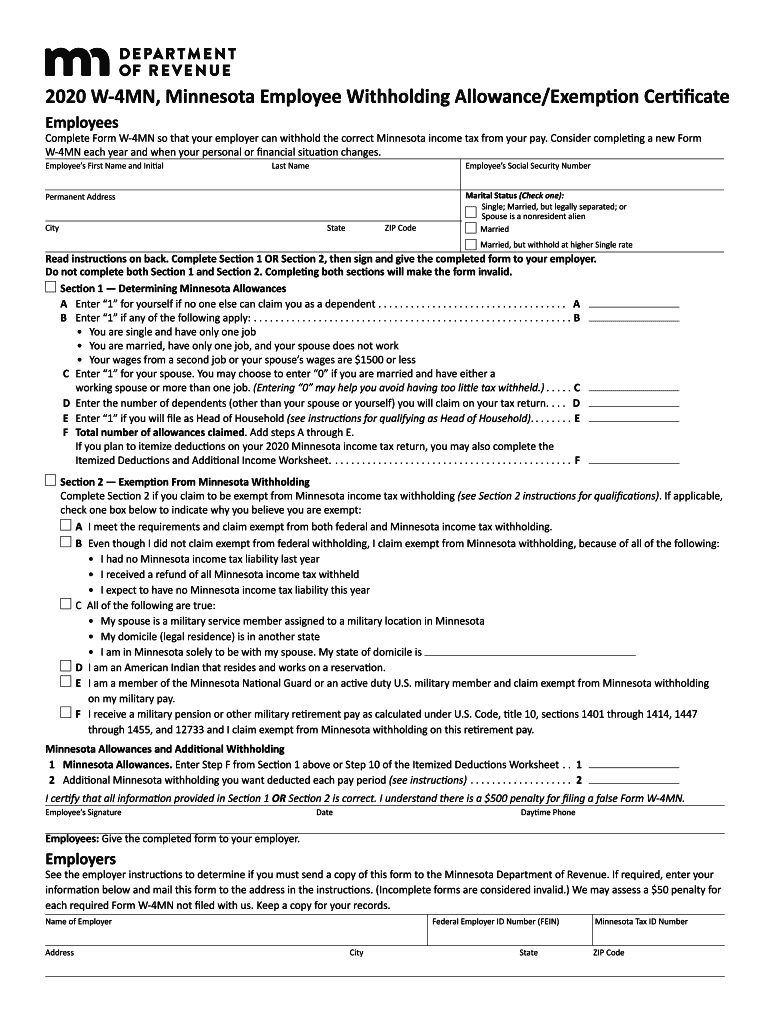 Fillable Online 2020 W-4MN, Minnesota Employee Withholding Allowance ...
