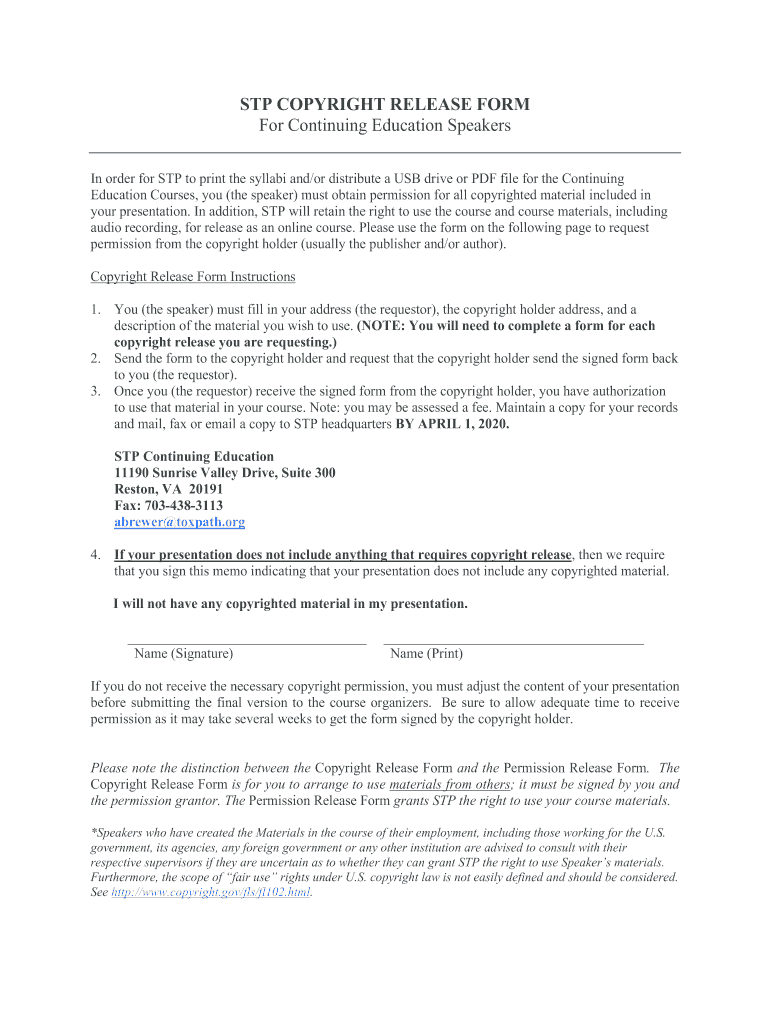Fillable Online STP COPYRIGHT RELEASE FORM Fax Email Print - pdfFiller
