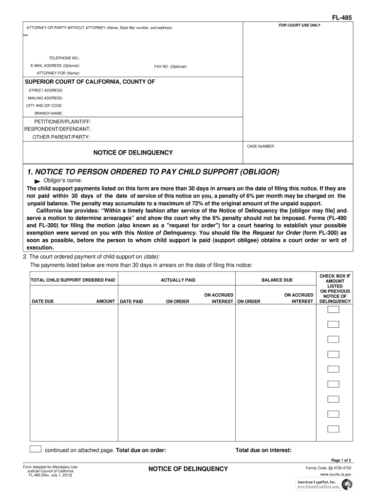 Fillable Online fl-485 notice of delinquency - California Courts - CA ...