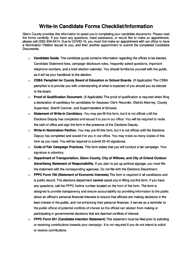 Fillable Online Write-In Candidate Forms Checklist/Information Fax ...