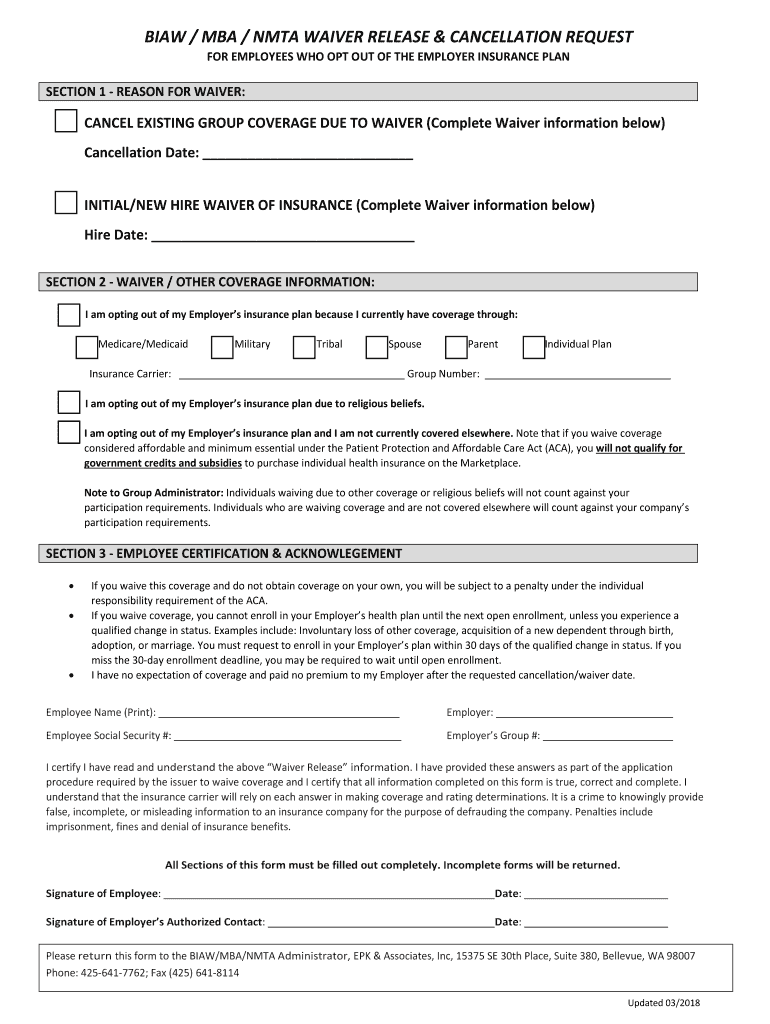 Fillable Online BIAW / MBA / NMTA WAIVER RELEASE & CANCELLATION REQUEST ...