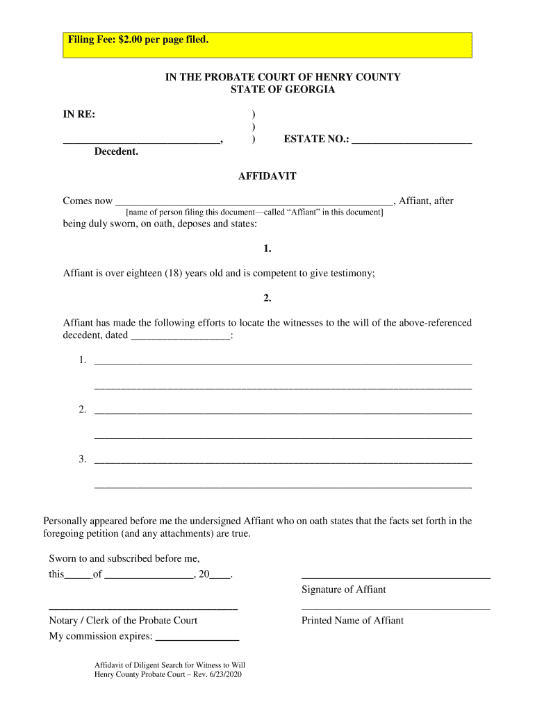 Fillable Online Affidavit to Offer Copy of Lost or Destroyed Will - Henry County ... Fax Email ...