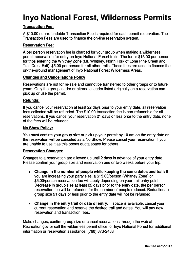 Fillable Online Inyo National Forest, Wilderness Permits - USDA Forest ...