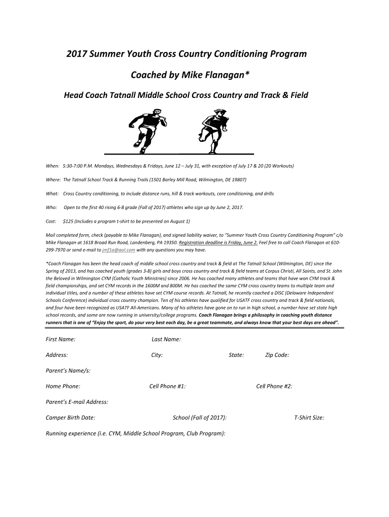 Fillable Online 2017 Summer Youth Cross Country Conditioning Program ...