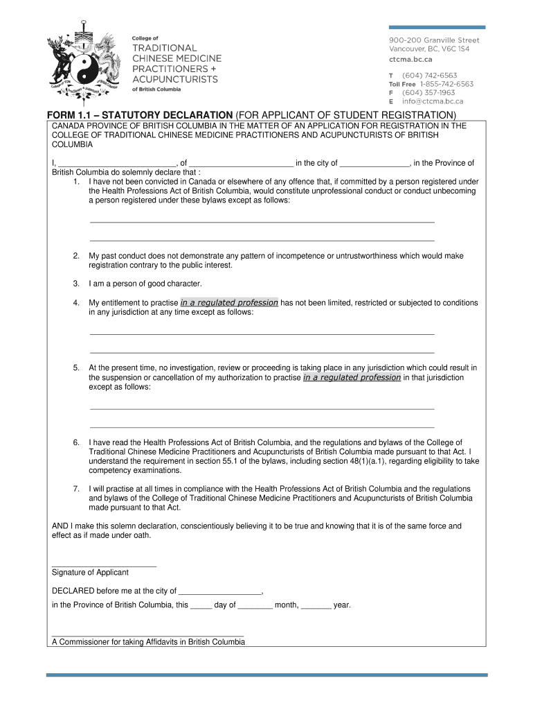 Fillable Online 1 STATUTORY DECLARATION (FOR APPLICANT OF STUDENT ...